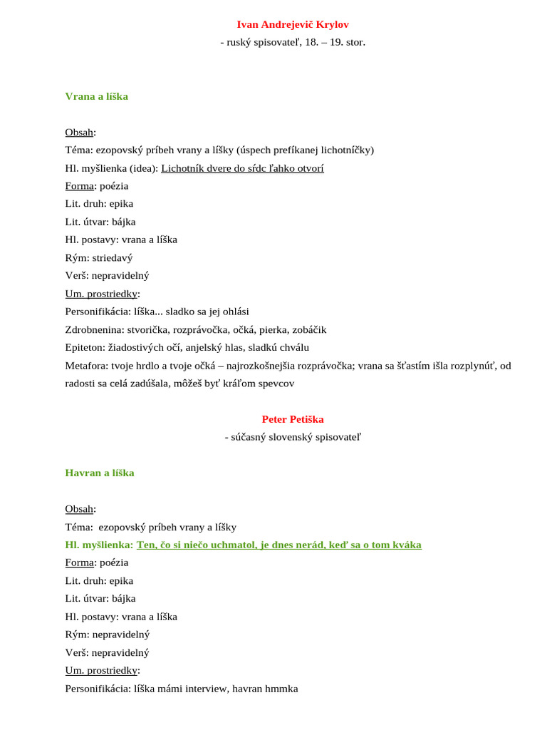 SJL 6 I. A. Krylov Vrana A Liska Peter Petiska Havran A Liska | PDF