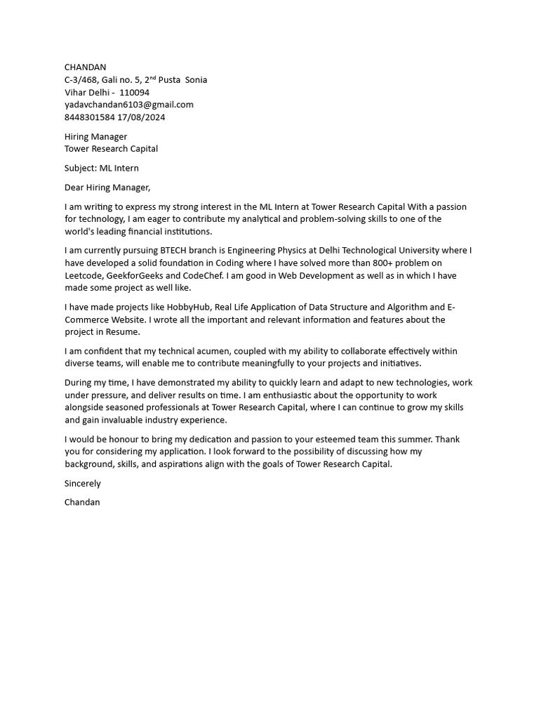 TowerResearchCapital Coverletter | PDF | Career & Growth