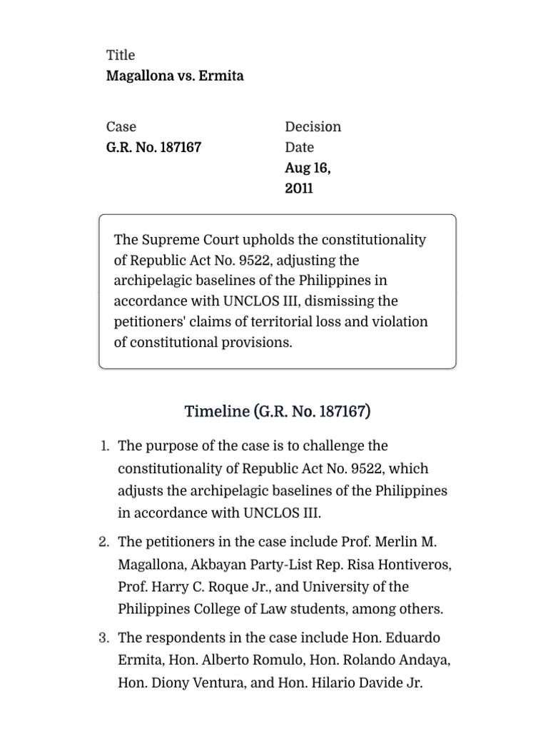 Timeline - G.R. No. 187167 - Magallona vs. Ermita | PDF | Territorial ...