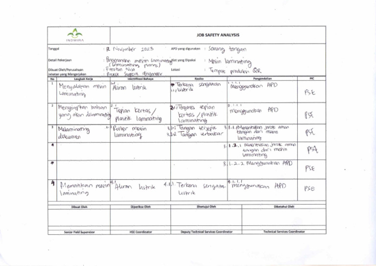 JSA Penggunaan Mesin Laminating-Nisa | PDF