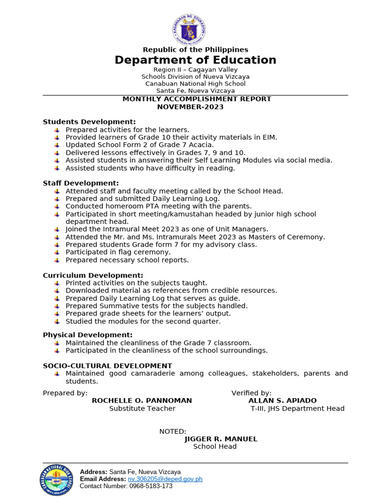 October 2023 Monthly Accomplishment Report | PDF | Behavior Modification | Learning