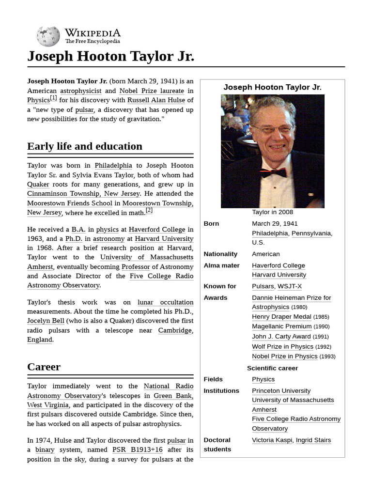 Joseph_Hooton_Taylor_Jr. | PDF | Astronomy | Physical Sciences