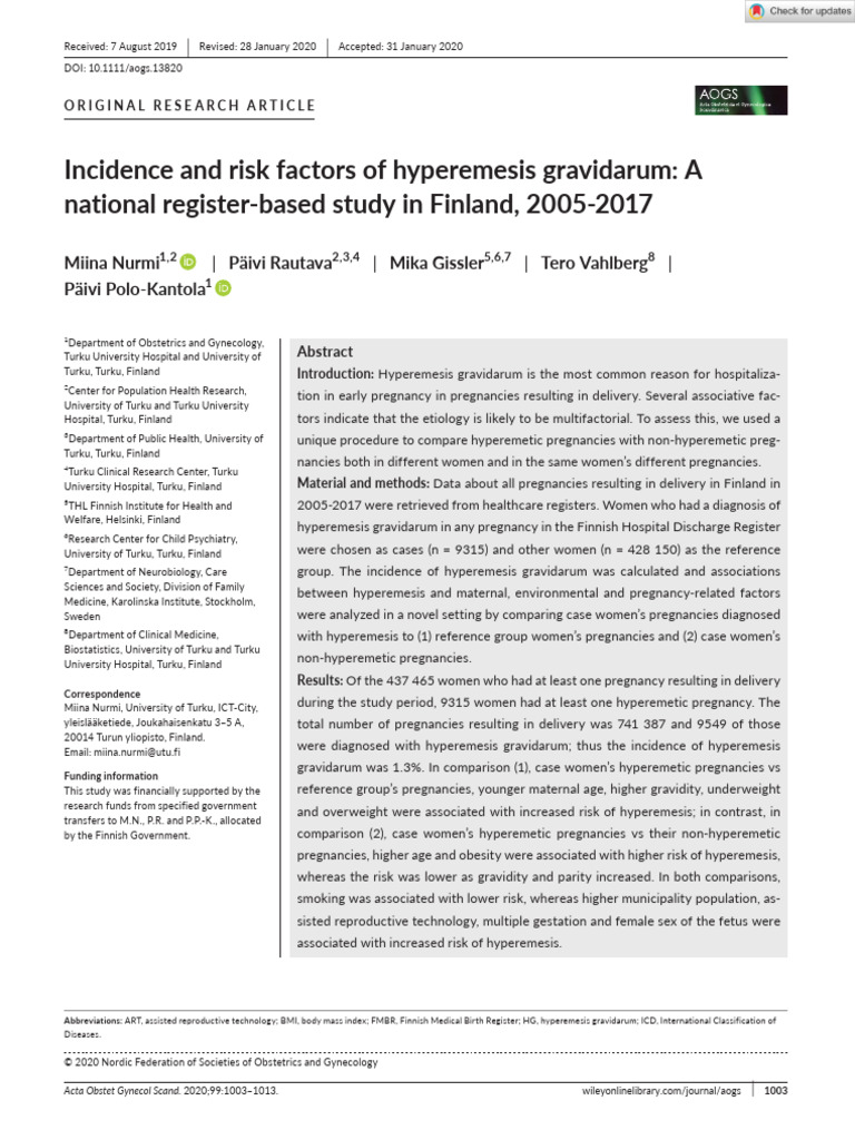 Acta Obstet Gynecol Scand - 2020 - Nurmi - Incidence and Risk Factors ...