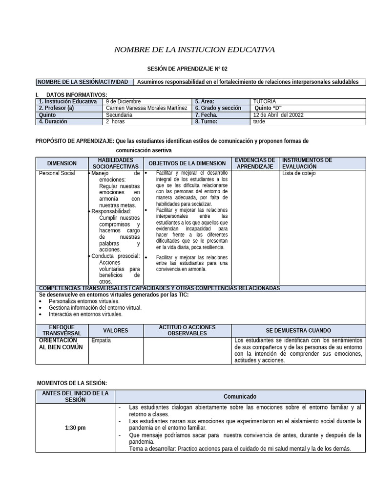 sesion n° 2 | PDF | Evaluación | Aprendizaje