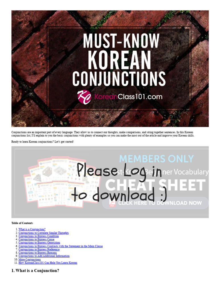 Essential Korean Conjunctions Guide | PDF | Korean Language | Sentence (Linguistics)