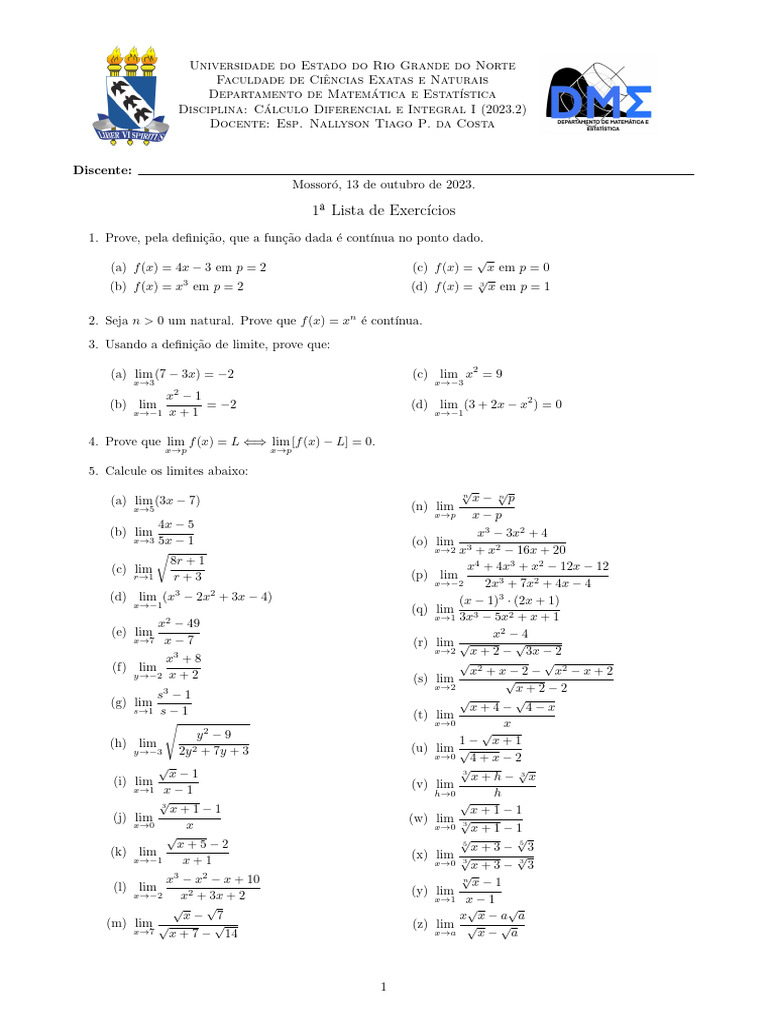 1 Lista de Exercícios - Cálculo Dif. e Integral I | PDF
