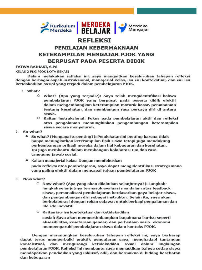 Refleksi Pembelajaran PJOK Berbasis Siswa | PDF | Karier & Perkembangan