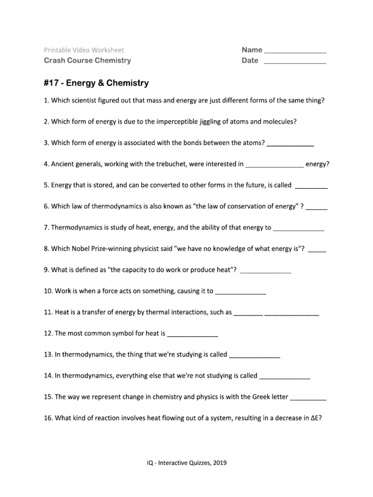 Energy and Enthalpy Video Worksheet | PDF