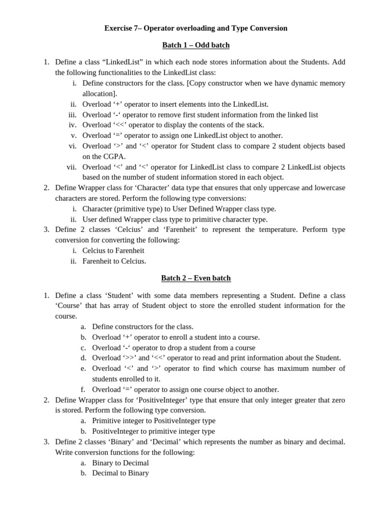 Exercise 7 - Operator Overloading and Type Conversion | PDF | Software Engineering | Computer ...