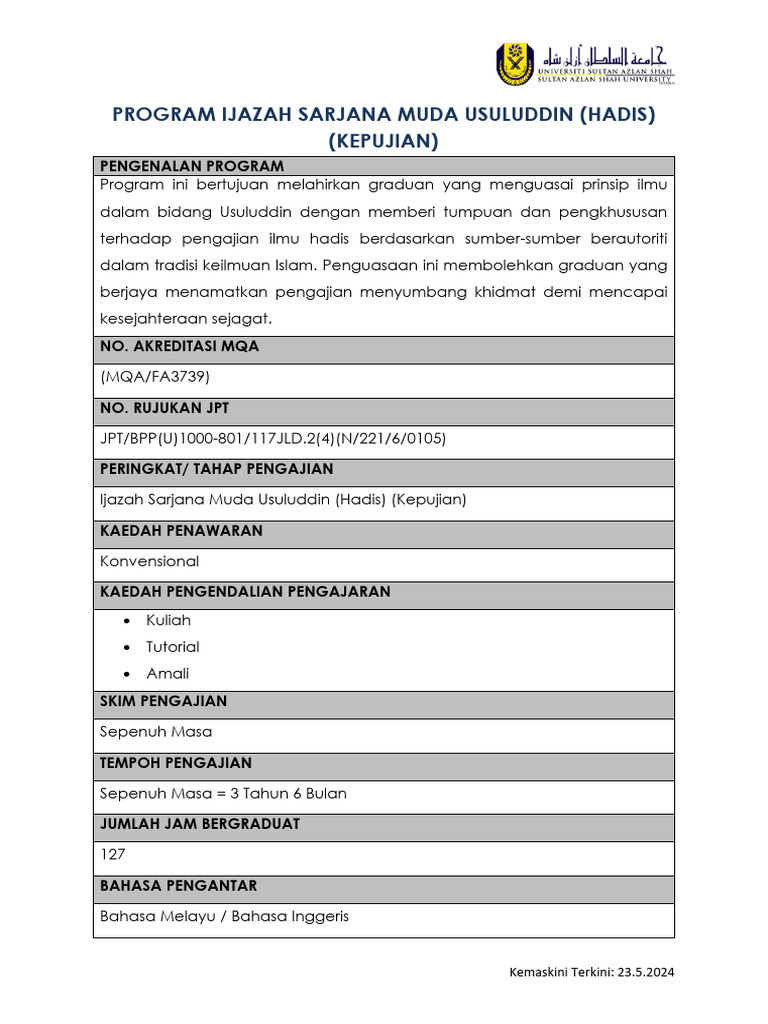 MAKLUMAT-PROGRAM-IJAZAH-SARJANA-MUDA-USULUDDIN-HADIS-KEPUJIAN-BM | PDF