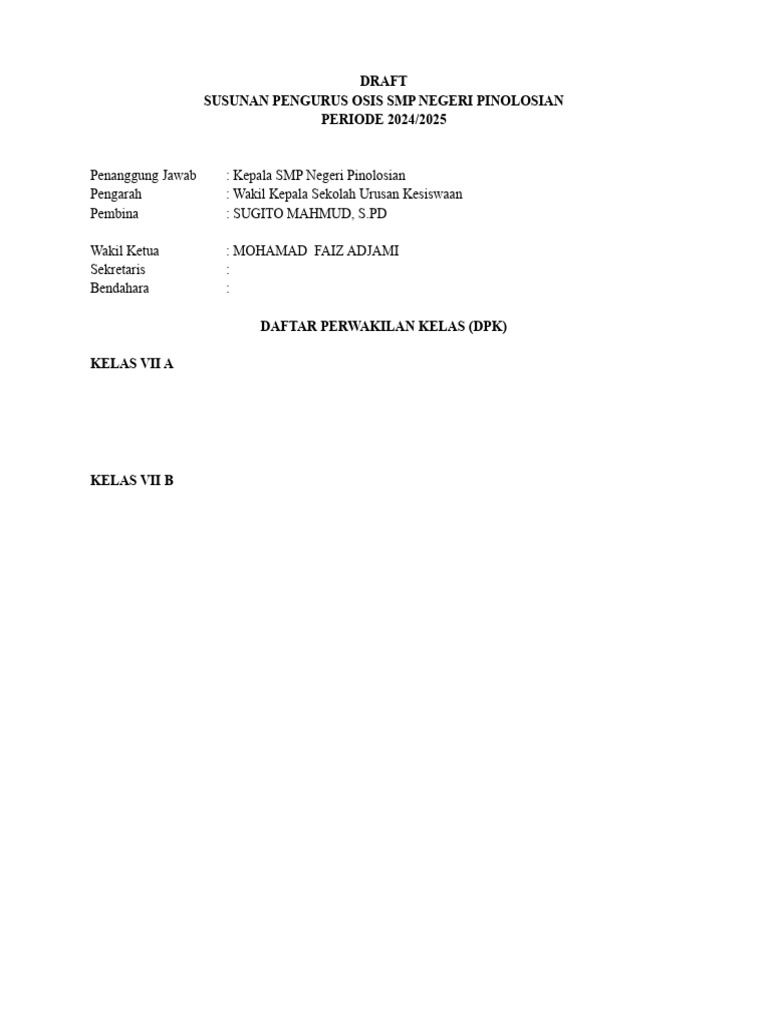 Drat Susunan Pengurus Osis Sementara | PDF