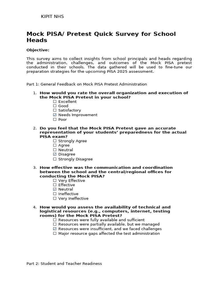 Mock PISA Pretest Survey for Schools | PDF | Programme For ...