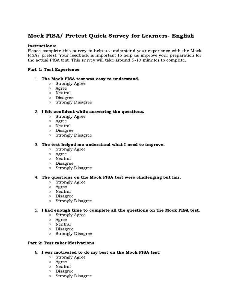 Learners Mock PISA Pretest Quick Survey | PDF | Programme For ...