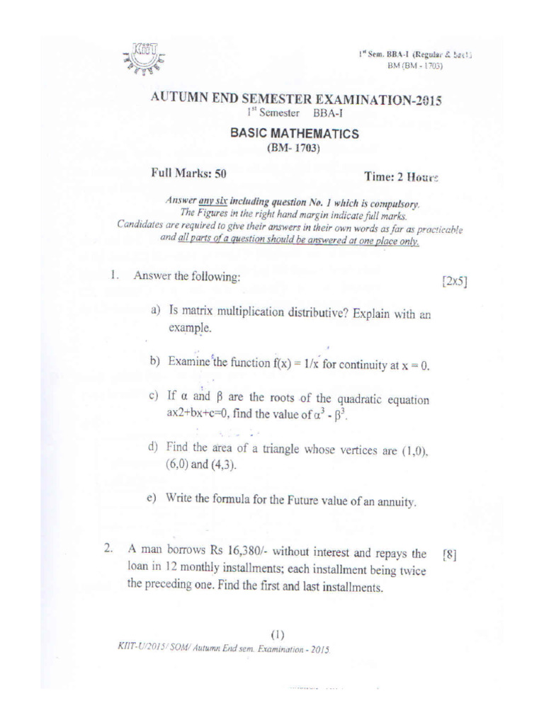 1st Semester BBA-Question Papers-2015 | PDF