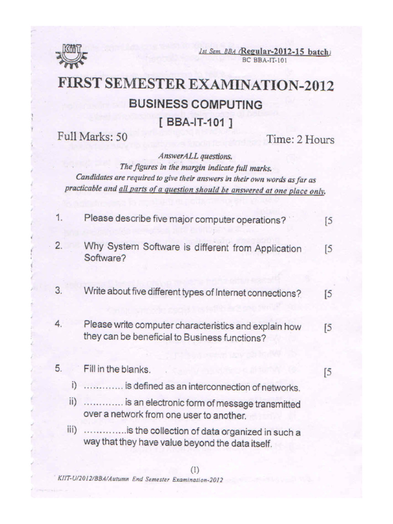 1st Semester BBA Question Papers 2012 | PDF