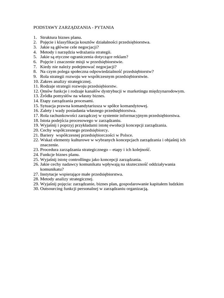 PODSTAWY ZARZĄDZANIA Pyt Przemyśl | PDF