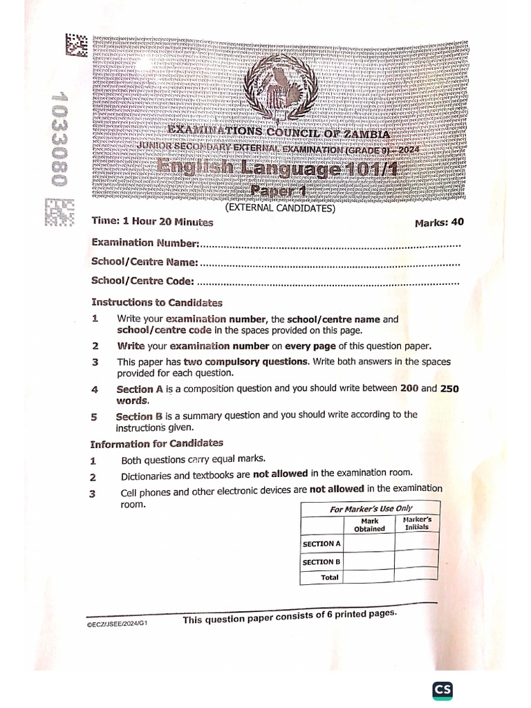 2024 English Paper 1 g9 | PDF