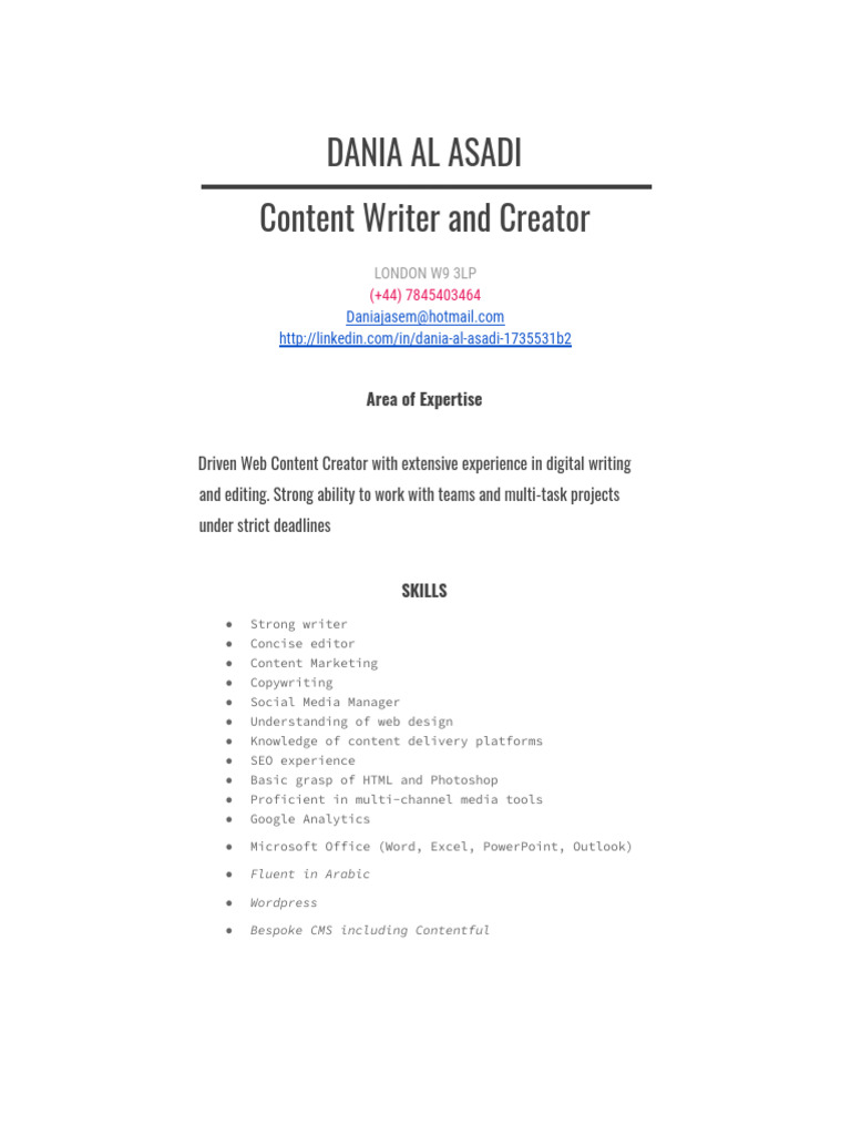 Dania Al Asadi Content Writer and Creator | PDF | Editing | Social Media