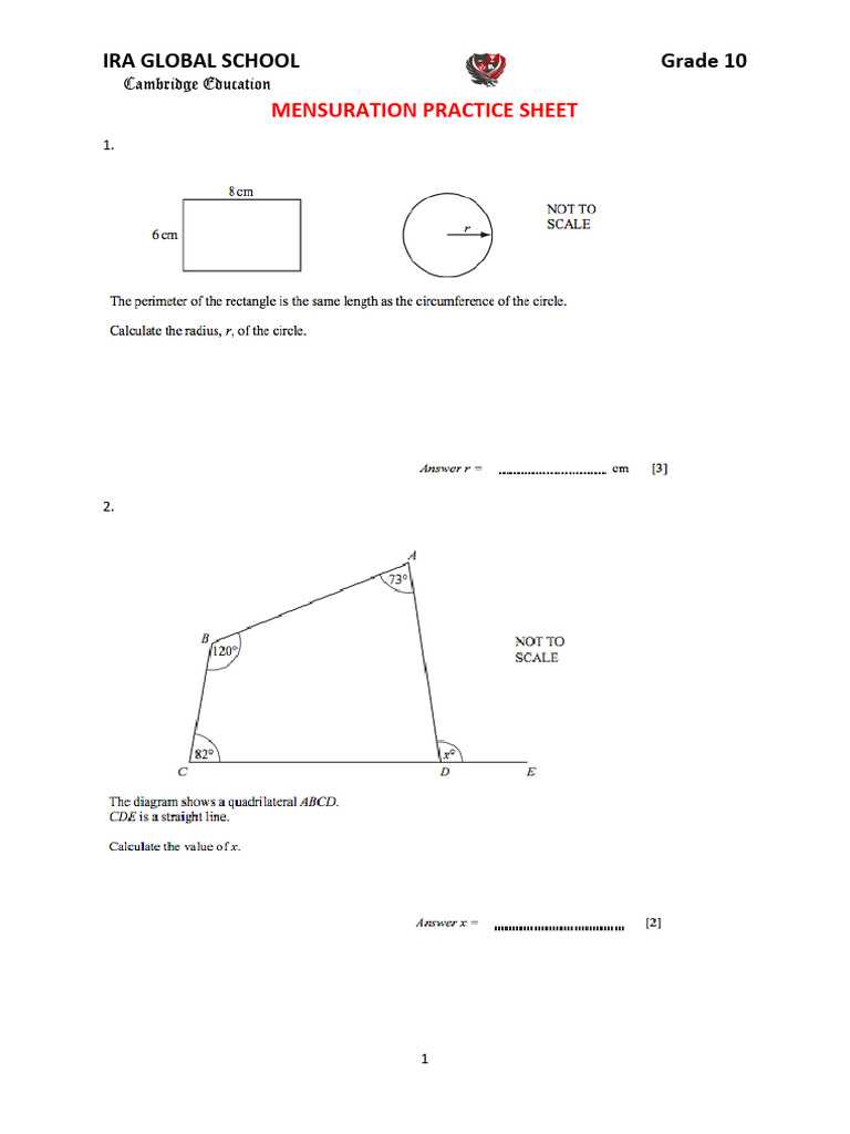 Mensuration Practice Sheet | PDF