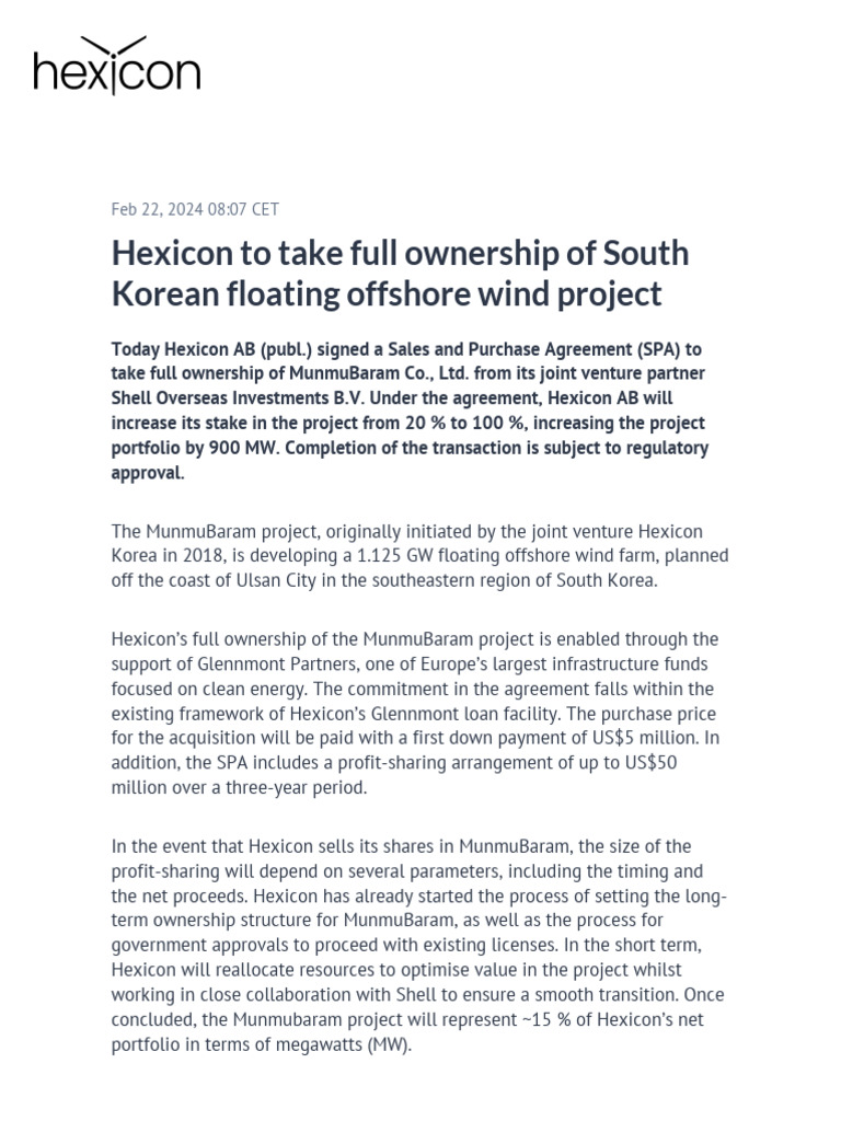 Hexicon To Take Full Ownership of South Korean Floating Offshore Wind ...