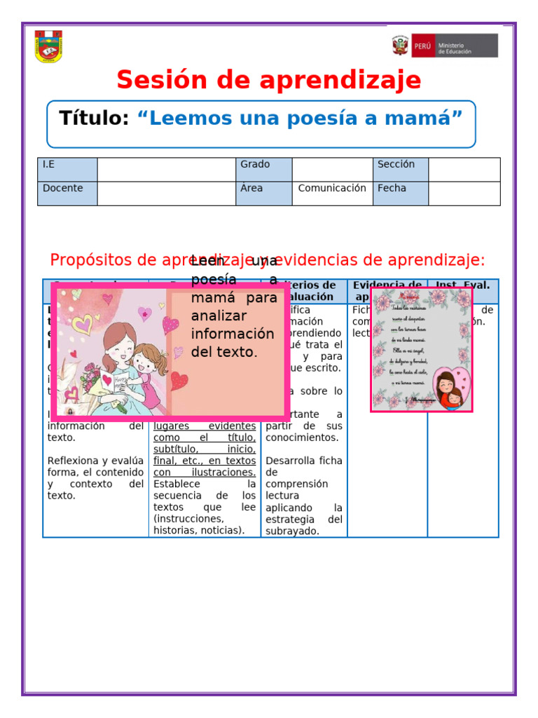 Sesion Poesia A Mama Pdf Aprendizaje Poesía