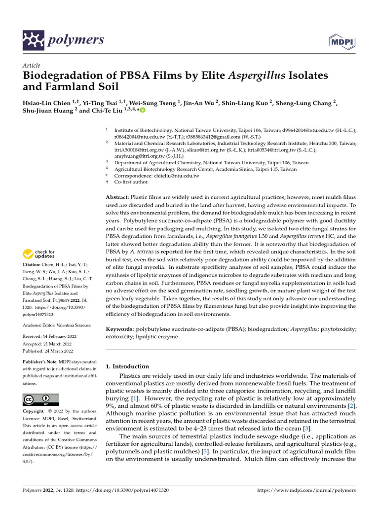 PBSA PCL Blends Polymers-14-01320-V2 | PDF | Mulch | Biodegradation