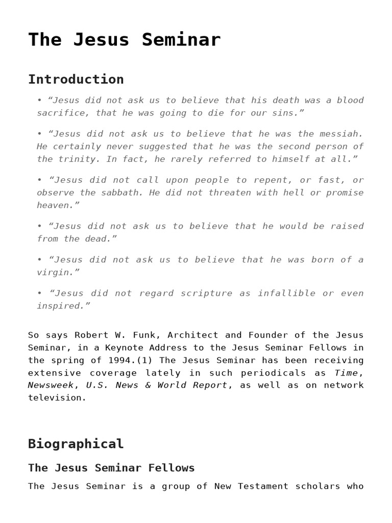 The Jesus Seminar | PDF | Jesus | Gospel Of Mark