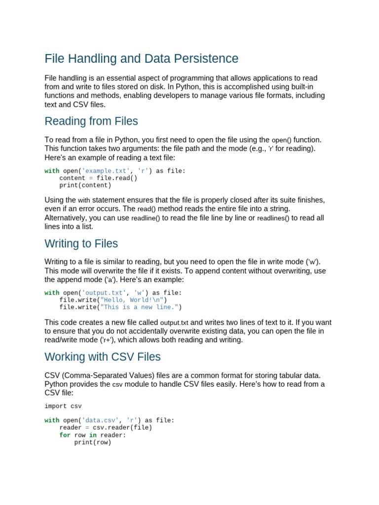 File Handling and Data Persistence | PDF | Comma Separated Values | Computer File