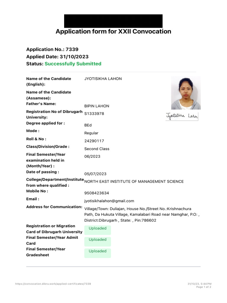 Dibrugarh University Certificate | PDF