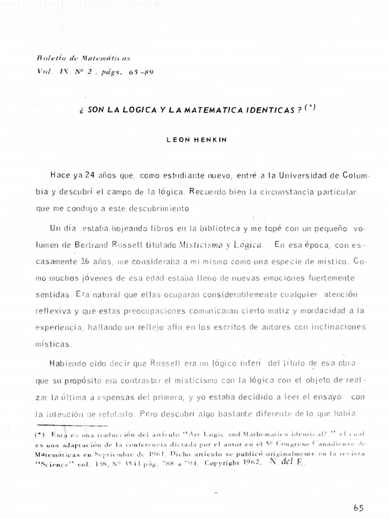 León Henkin - Son La Lógica y Las Matemáticas Idénticas | PDF | Axioma ...