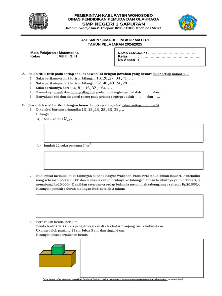 Soal Asesmen Sumatif Lingkup Materi Kelas VIII Matematika | PDF