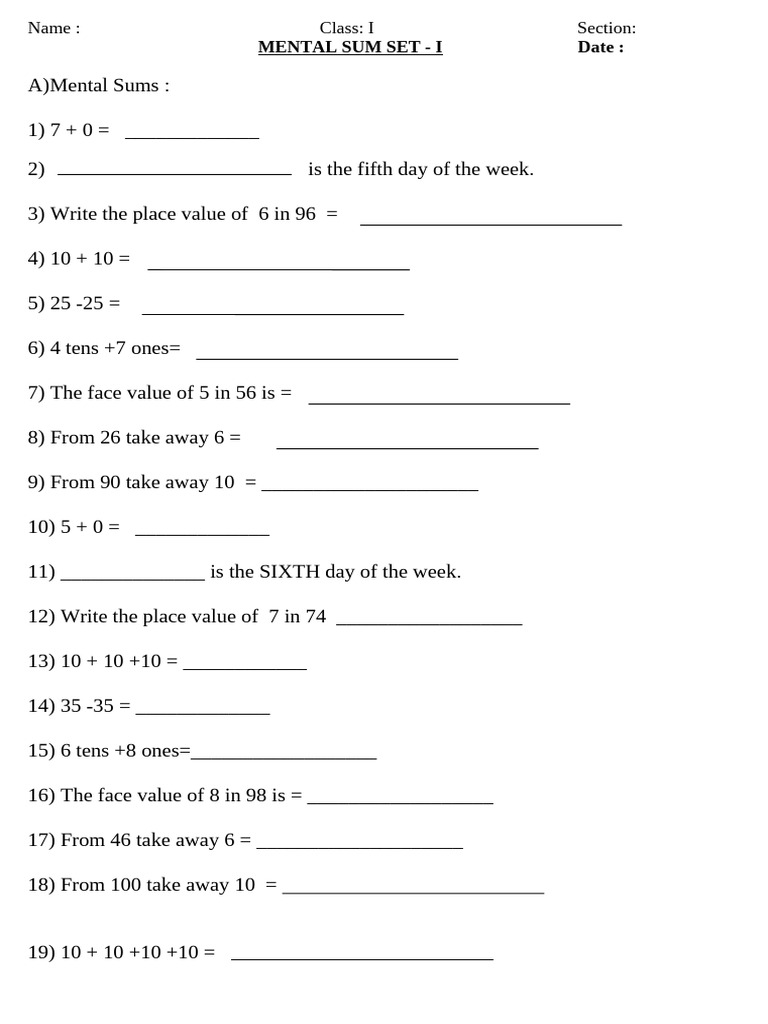 Mental Sum Set 1 | PDF