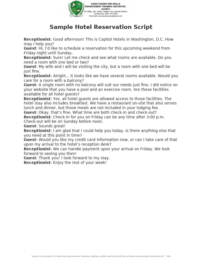 HSK Hotel Rservation Sample Script | PDF