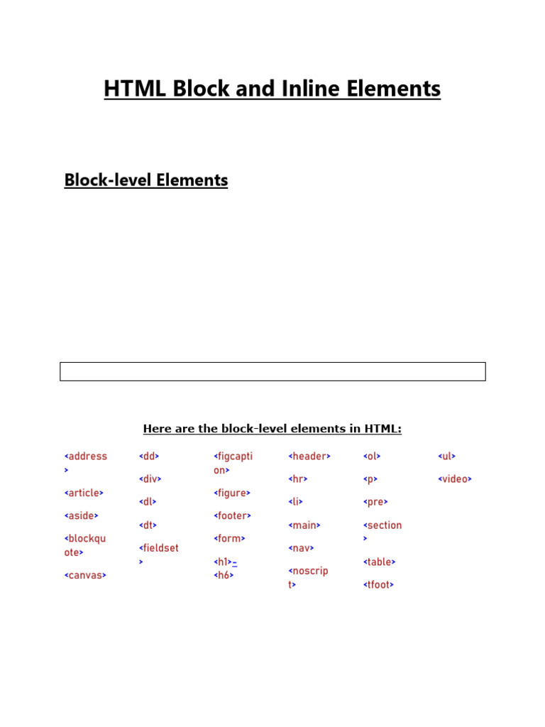 Html Block And Inline Element Pdf Html Element Html