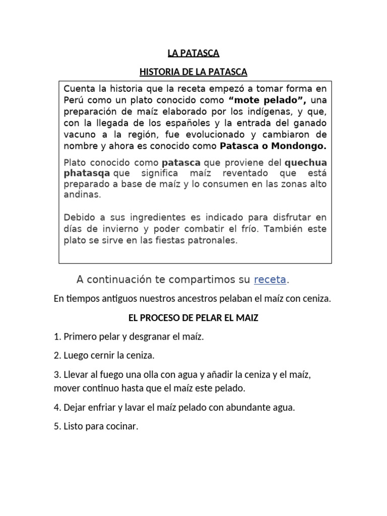La Patasca | PDF | Maíz | Carne