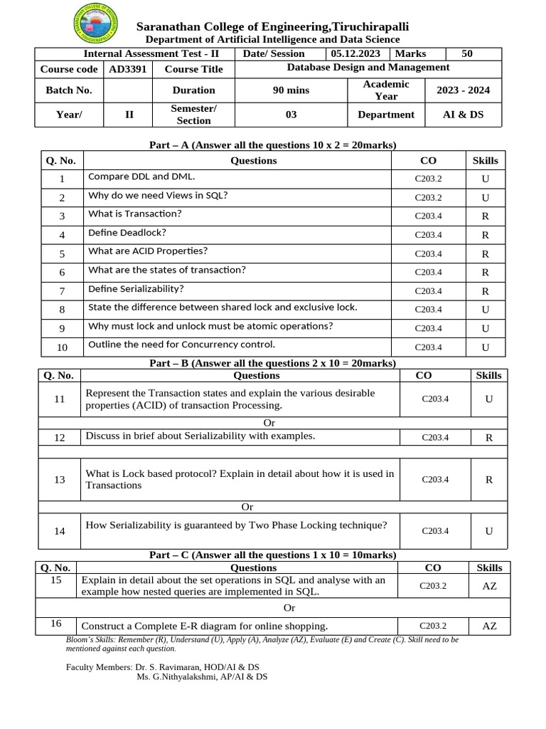 Ad 3391 Database Design And Management Pdf Database Transaction Synchronization