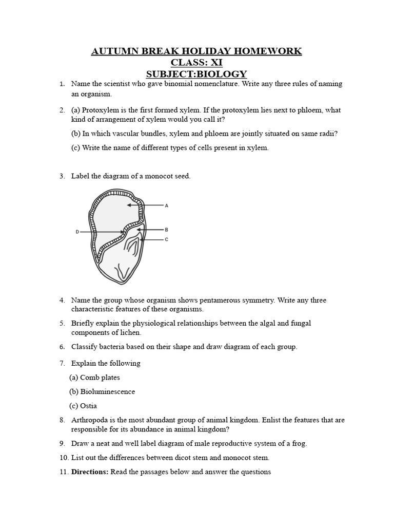 Class XI Biology Autumn Homework Guide | PDF | Cell Membrane | Cell ...