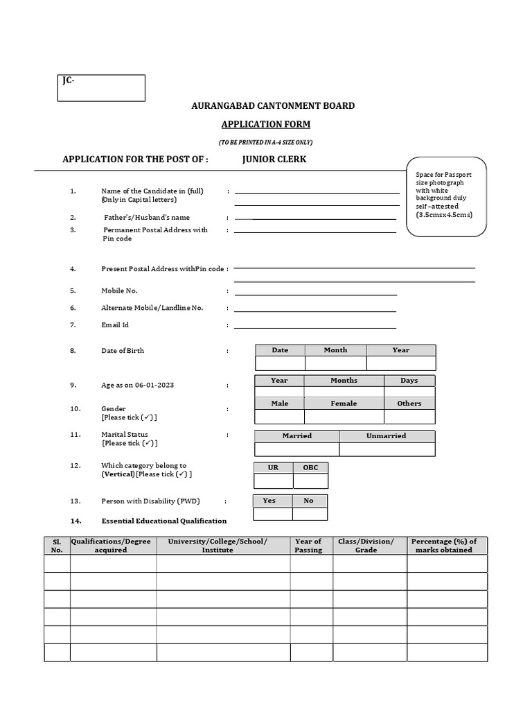 Aurangabad Junior Clerk Application Form | PDF
