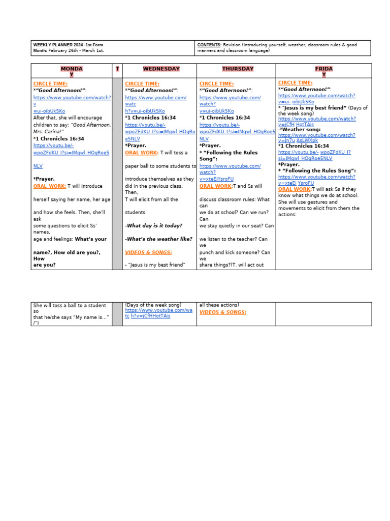 1st Form - Lesson Plans - 2024 | PDF | Linguistics