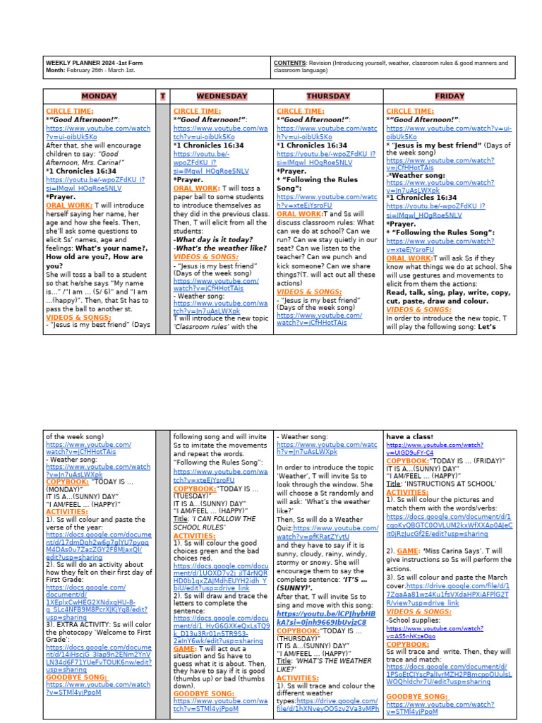 Weekly Planner for 1st Grade Activities | PDF | Linguistics