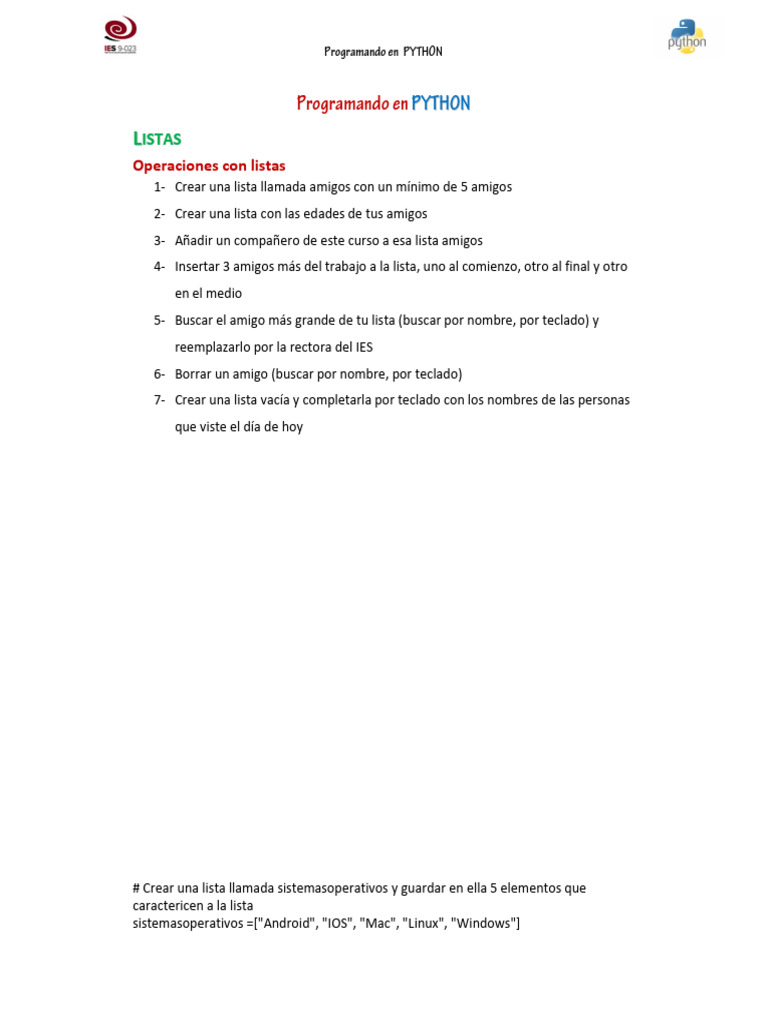 Operaciones básicas con listas en Python | PDF | Python (lenguaje de ...