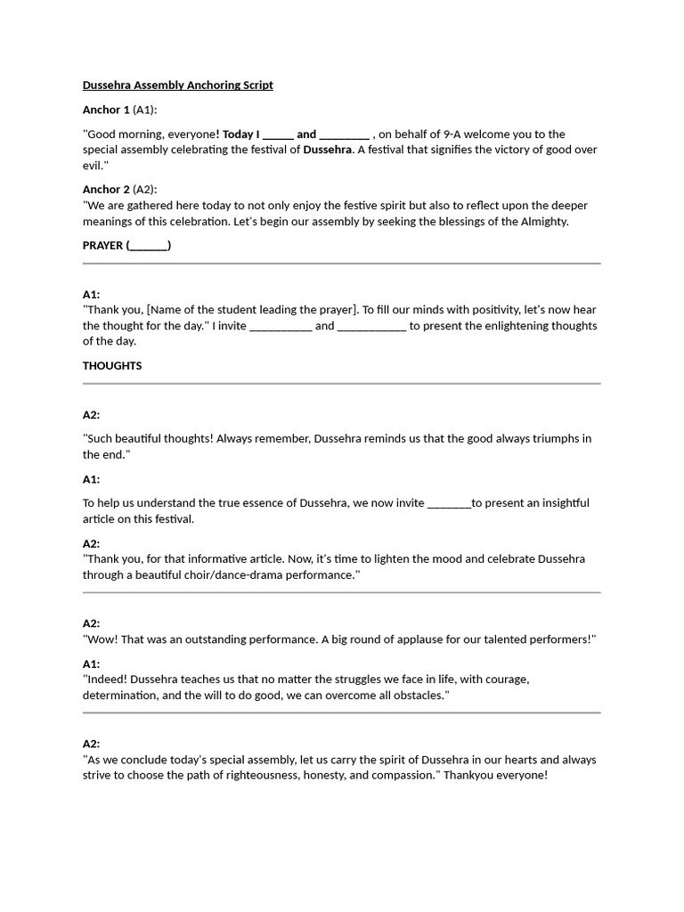 Dussehra Assembly Anchoring Script | PDF | Religion & Spirituality