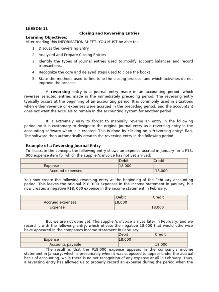 Lesson 11 Closing and Reversing Entries | PDF | Debits And Credits ...
