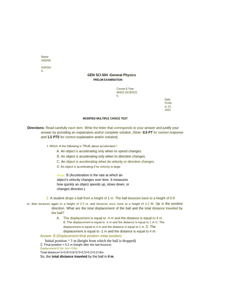 Physics Prelim Exam for MAED Students | PDF | Force | Momentum
