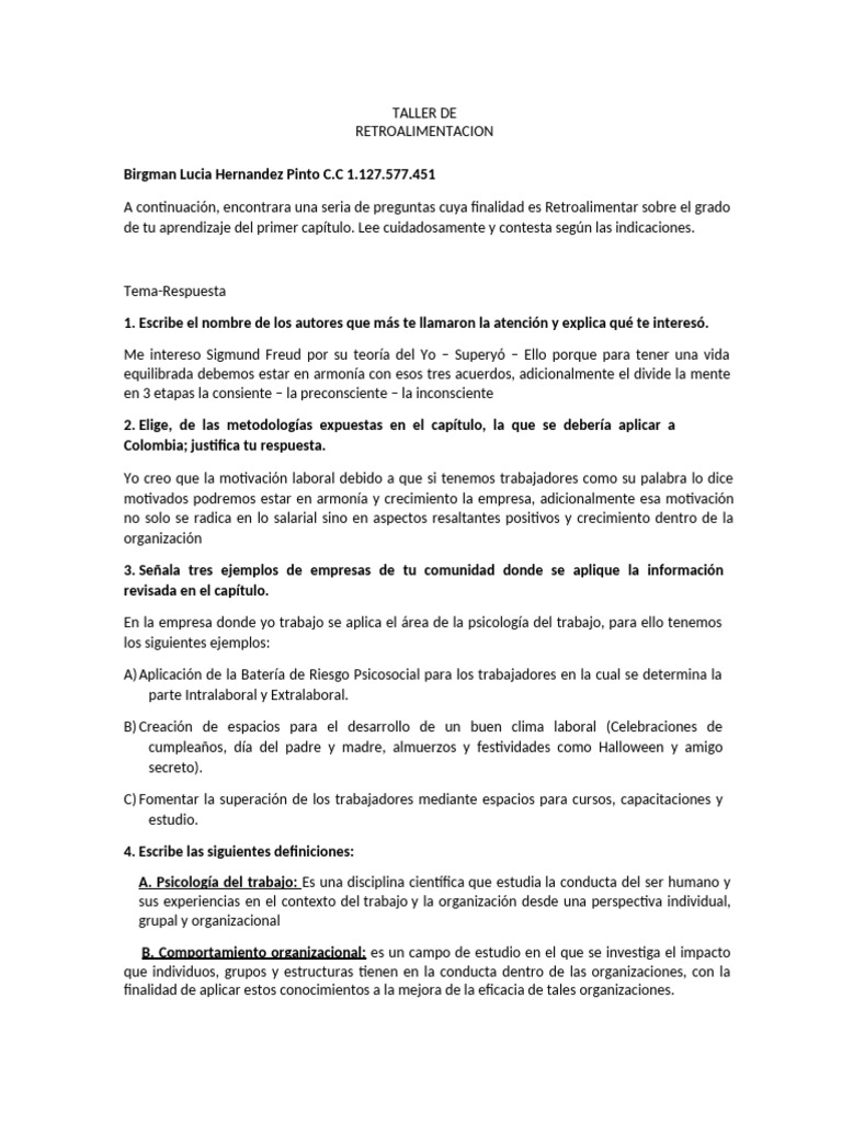 TALLER DE RETROALIMENTACION Psicosocialogia. | PDF | Sicología | Motivación