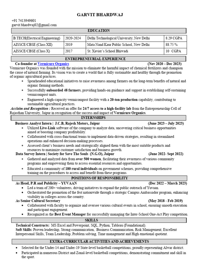 CV Garvit Bhardwaj | PDF | Organic Farming | Business