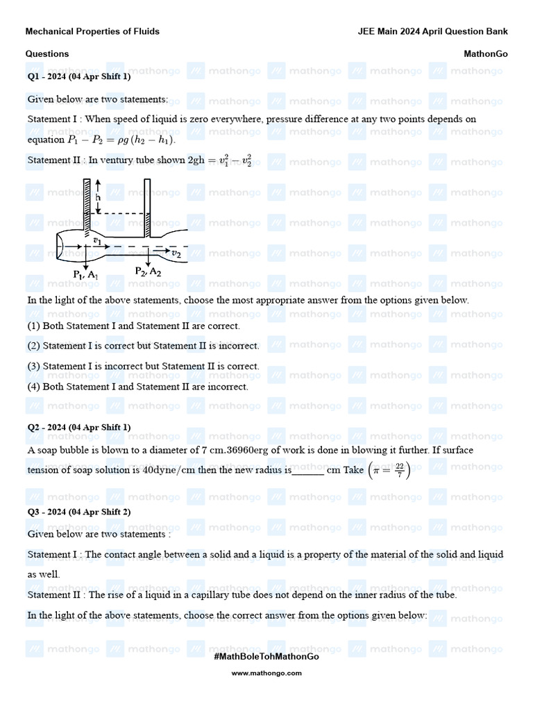 Mechanical Properties of Fluids - JEE Main 2024 April Question Bank - MathonGo | PDF | Pressure ...