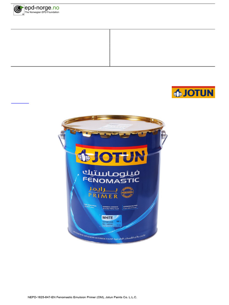 Jotun Fenomastic Emulsion Primer EPD | PDF | Paint | Materials