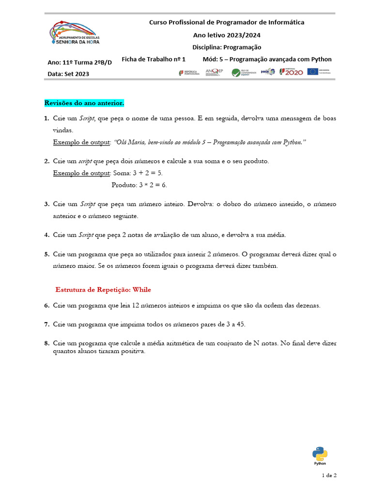 Fichas de Trabalho - 1 REV - Python | PDF