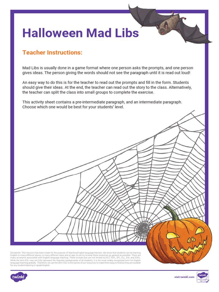 T 1691652499 Esl Halloween Mad Libs Teens A2 b1 - Ver - 1 | PDF ...